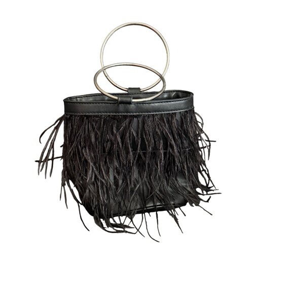 Bags | Black Feathered Handbag With Metal Ring Handles Magnetic Snap ...